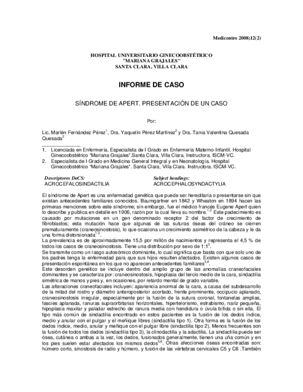 (PDF) Síndrome De Apert. Presentación De Un Caso