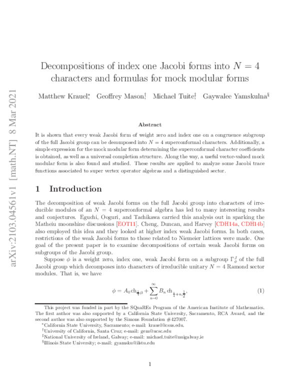 (PDF) Decompositions of index one Jacobi forms into $N=4$ characters and formulas for mock ...