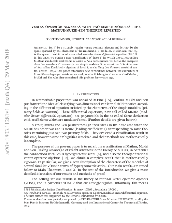 (PDF) Vertex Operator Algebras with Two Simple Modules - the Mathur ...