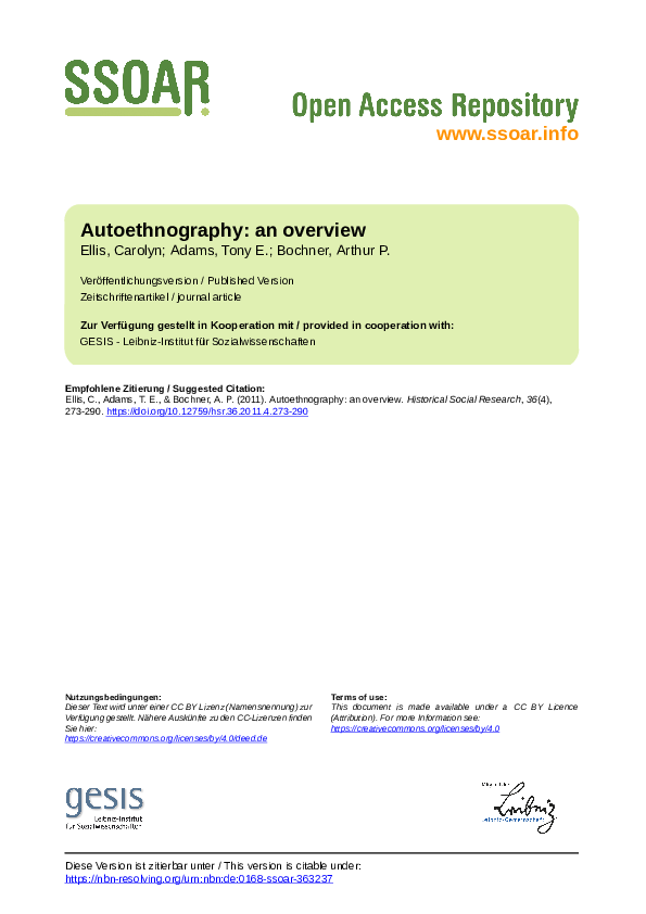 (PDF) Autoethnography: An Overview