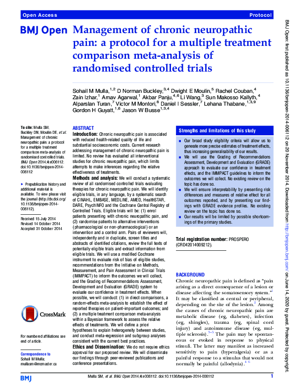 (PDF) Management of chronic neuropathic pain: a protocol for a multiple treatment comparison ...