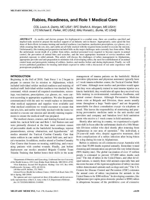 (PDF) Rabies, Readiness, and Role 1 Medical Care