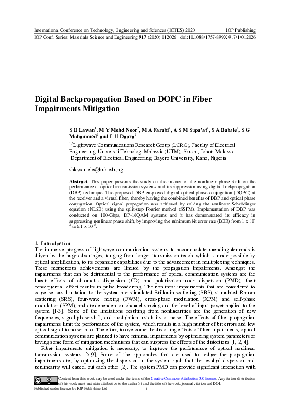 (PDF) Digital Backpropagation Based on DOPC in Fiber Impairments Mitigation