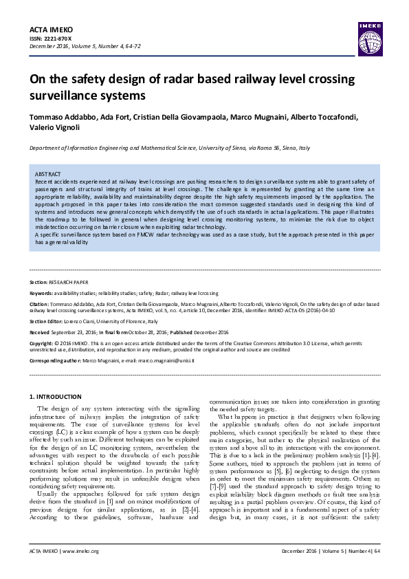 (PDF) On the safety design of radar based railway level crossing surveillance systems | Valerio ...