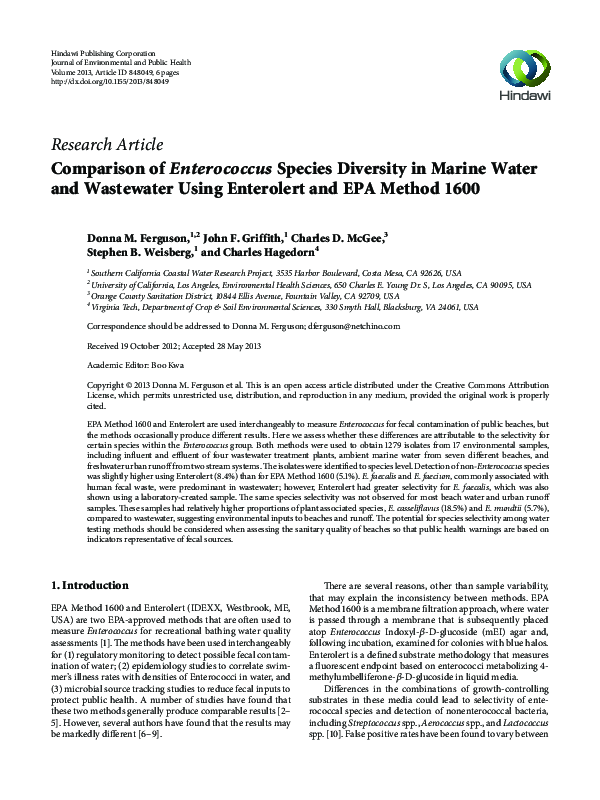 (PDF) Comparison of Enterococcus Species Diversity in Marine Water and ...