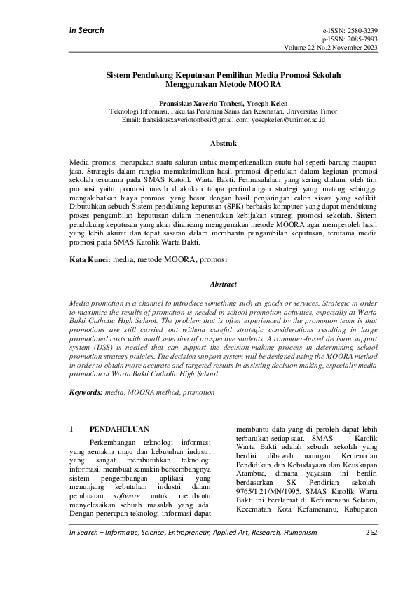 (PDF) Sistem Pendukung Keputusan Pemilihan Media Promosi Sekolah Menggunakan Metode MOORA