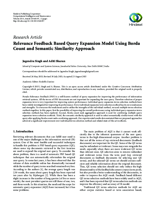 (PDF) Relevance Feedback Based Query Expansion Model Using Borda Count and Semantic Similarity ...