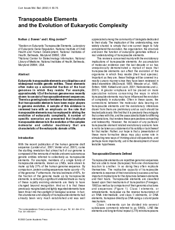 (PDF) Transposable Elements and the Evolution of Eukaryotic Complexity