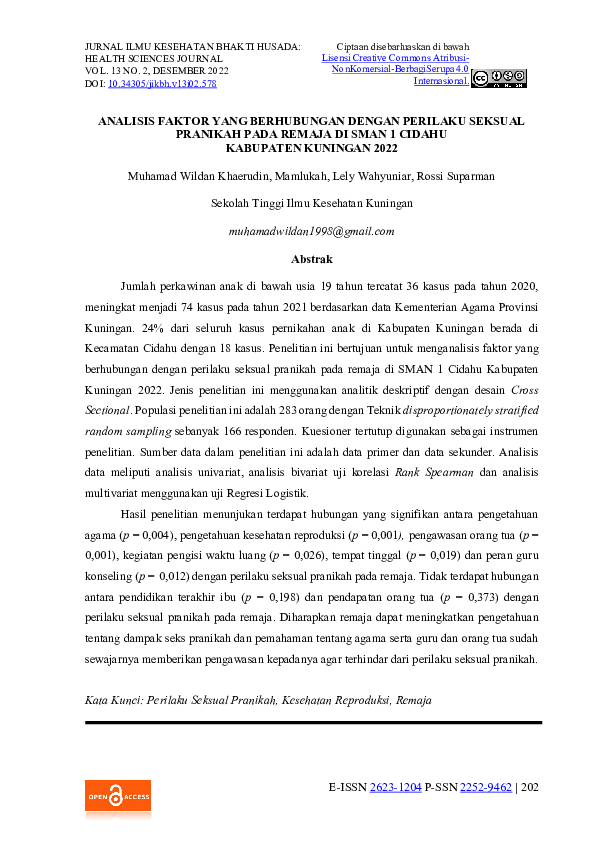 (PDF) Analisis Faktor-Faktor Yang Berhubungan Dengan Perilaku Seksual Pranikah Pada Remaja DI ...