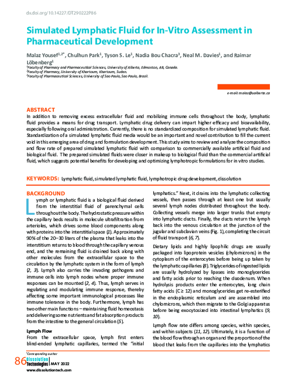 (PDF) Simulated Lymphatic Fluid for In-Vitro Assessment in ...