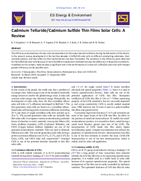 (PDF) Cadmium Telluride/Cadmium Sulfide Thin Films Solar Cells: A Review