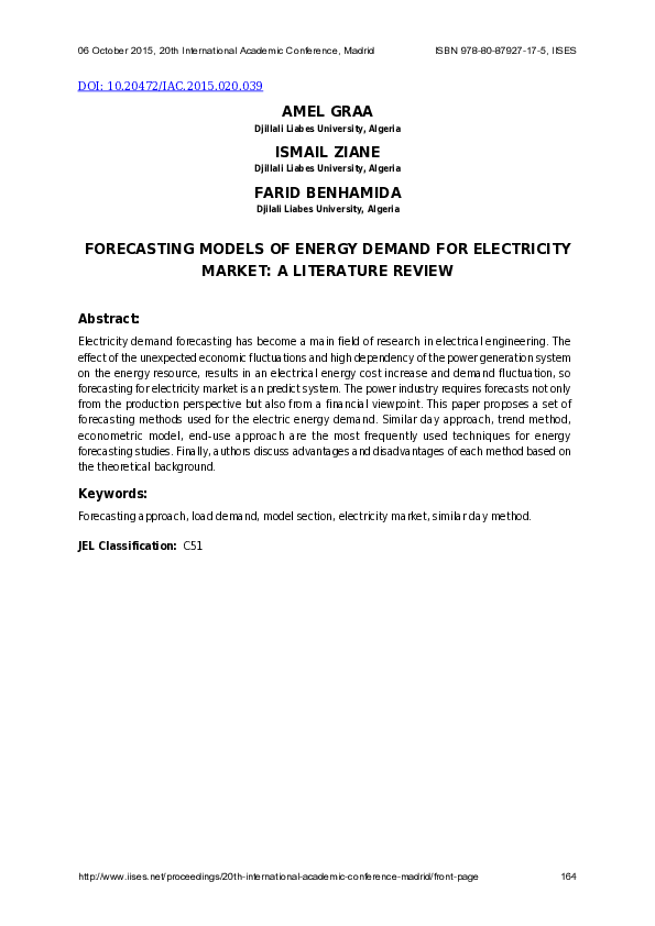 Pdf Forecasting Models Of Energy Demand For Electricity Market A Literature Review