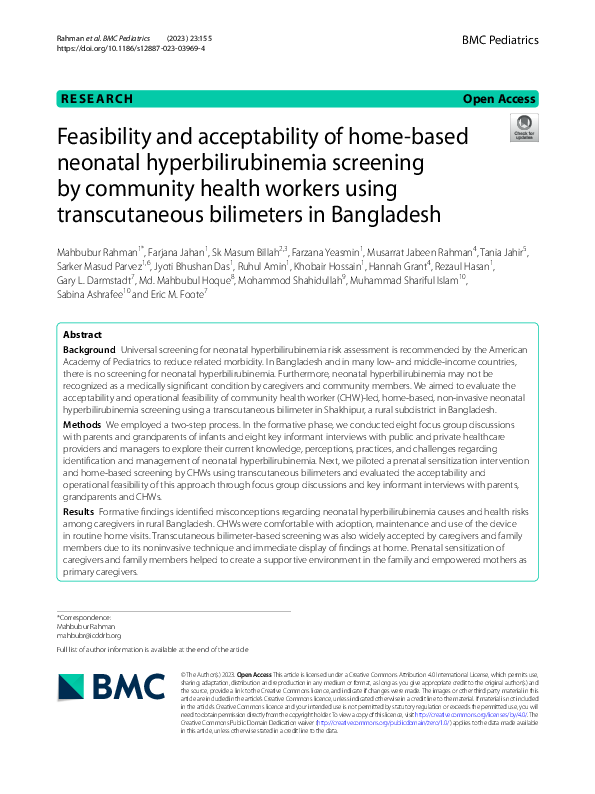 (PDF) Feasibility and acceptability of home-based neonatal hyperbilirubinemia screening by ...