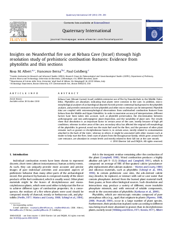 (PDF) Insights on Neanderthal fire use at Kebara Cave (Israel) through ...