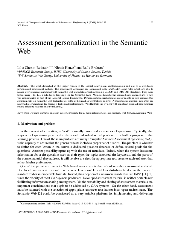 (PDF) Assessment personalization in the Semantic Web