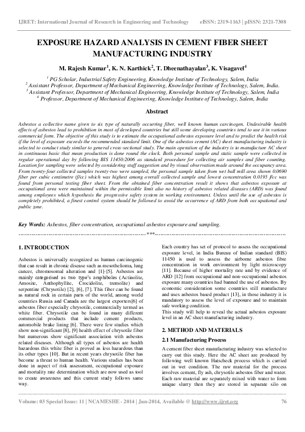 (PDF) Exposure Hazard Analysis in Cement Fiber Sheet Manufacturing Industry