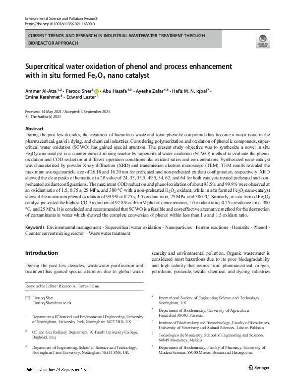 (PDF) Supercritical water oxidation of phenol and process enhancement ...