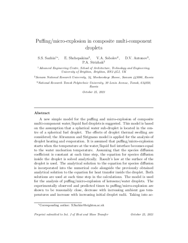 (PDF) Puffing/micro-explosion in composite multi-component droplets