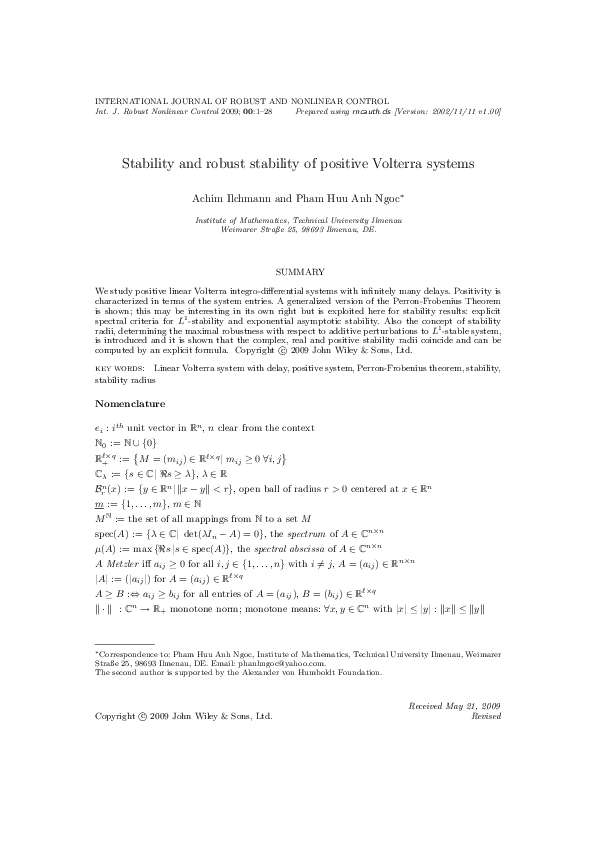 (PDF) Stability and robust stability of positive Volterra systems