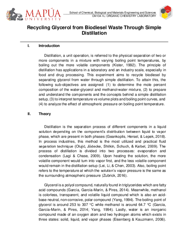 (PDF) Recycling Glycerol from Biodiesel Waste Through Simple Distillation