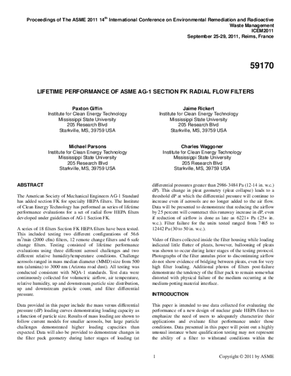 (PDF) Lifetime Performance of Asme AG-1 Section FK Radial Flow Filters