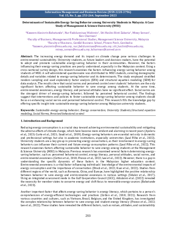 (PDF) Determinants of Sustainable Energy Saving Behavior among University Students in Malaysia ...