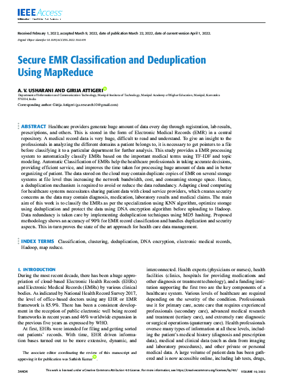 (PDF) Secure EMR Classification and Deduplication using MapReduce