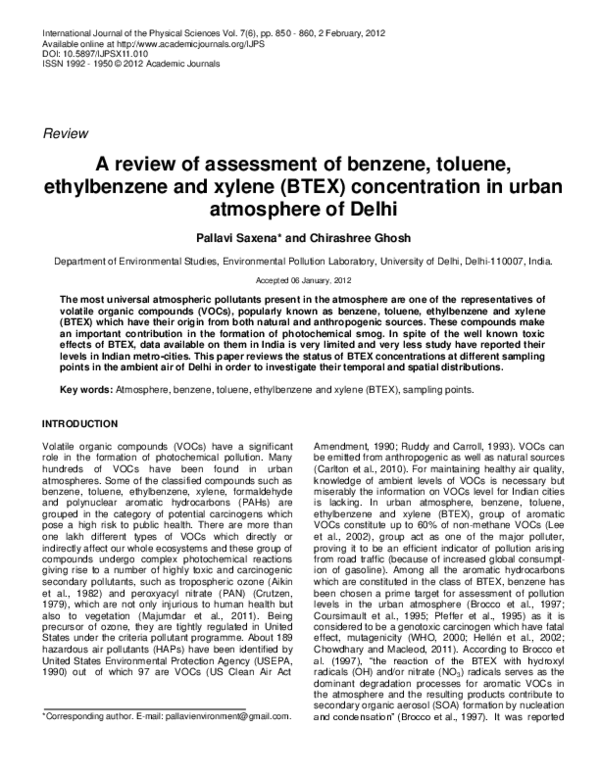 (PDF) A review of assessment of benzene, toluene, ethylbenzene and xylene (BTEX) concentration ...