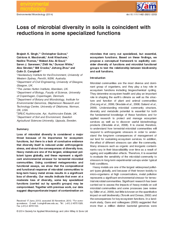 (PDF) Loss of microbial diversity in soils is coincident with ...