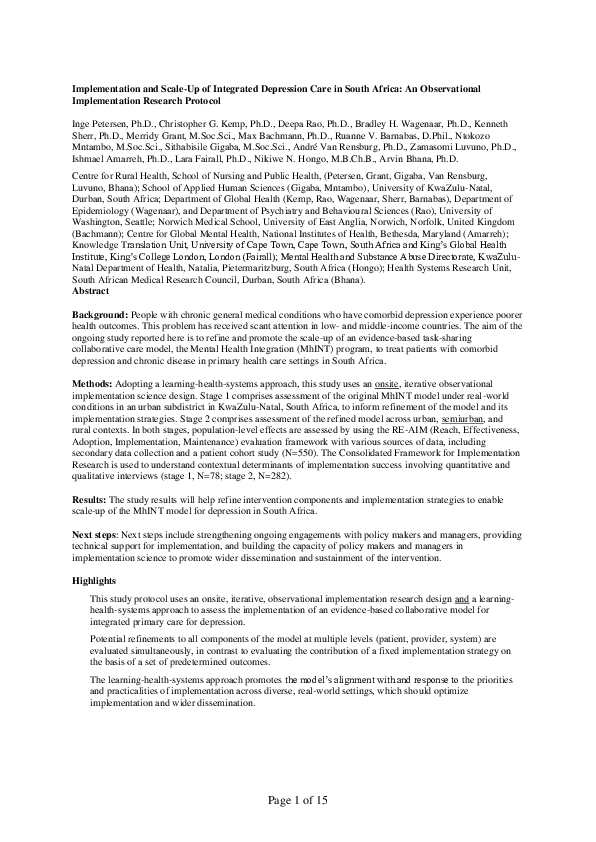 (PDF) Implementation and Scale-Up of Integrated Depression Care in ...