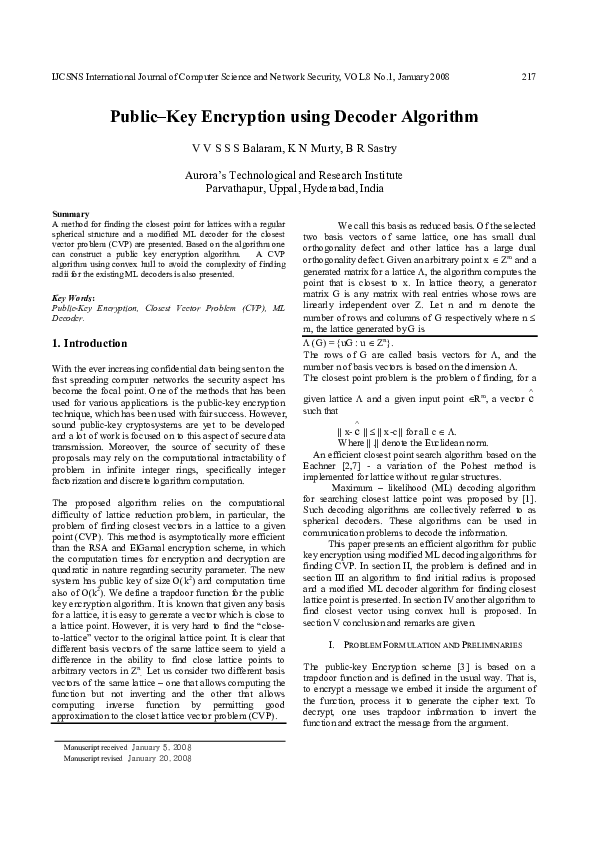 Pdf Public Key Encryption Using Decoder Algorithm
