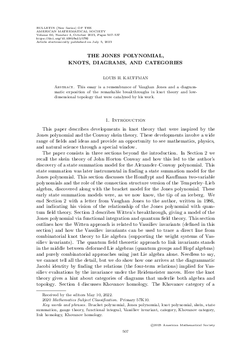 (PDF) The Jones polynomial, Knots, diagrams, and categories