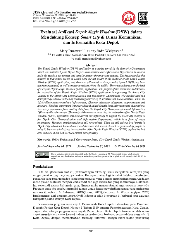 (PDF) Evaluasi Aplikasi Depok Single Window (DSW) dalam Mendukung ...