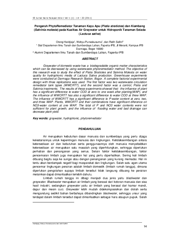 (PDF) Pengaruh PhytoRemediator Tanaman Kayu Apu (Pistia stratiotes) dan ...