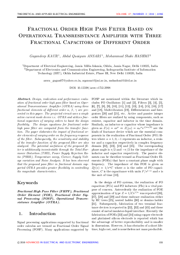 (PDF) Fractional Order High Pass Filter Based on Operational ... (PDF) Fractional Order High Pass Filter Based on Operational ...