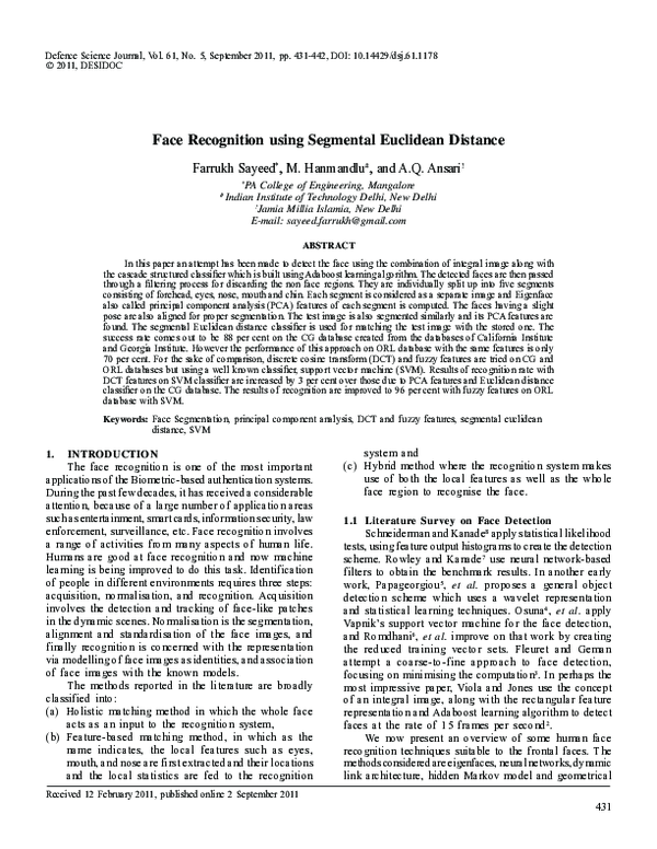 Pdf Face Recognition Using Segmental Euclidean Distance