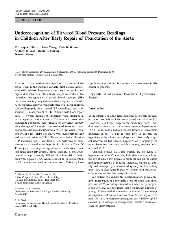 (PDF) Underrecognition of Elevated Blood Pressure Readings in Children After Early Repair of ...