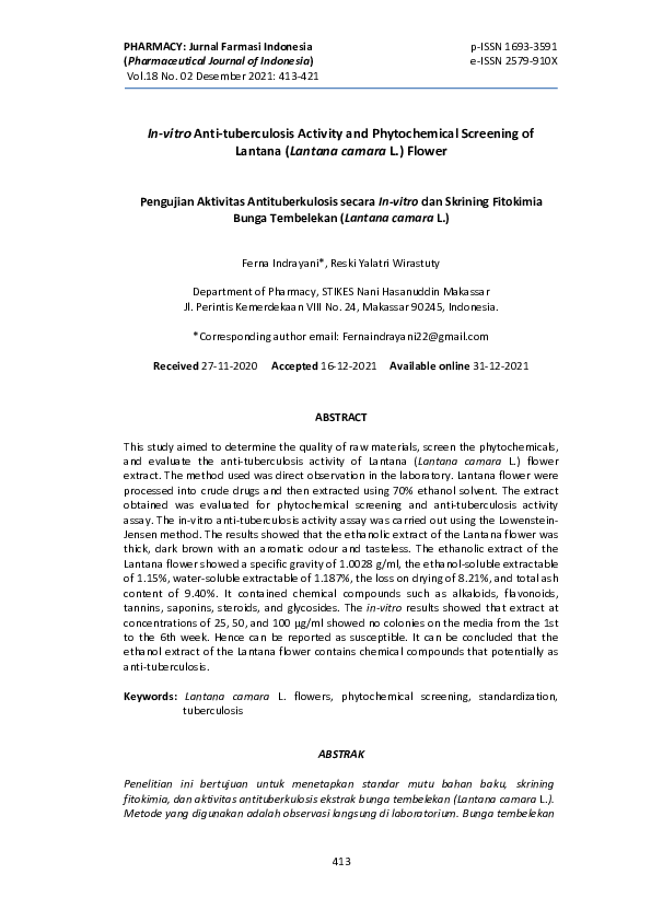 (PDF) In-vitro Anti-tuberculosis Activity and Phytochemical Screening of Lantana (Lantana camara ...
