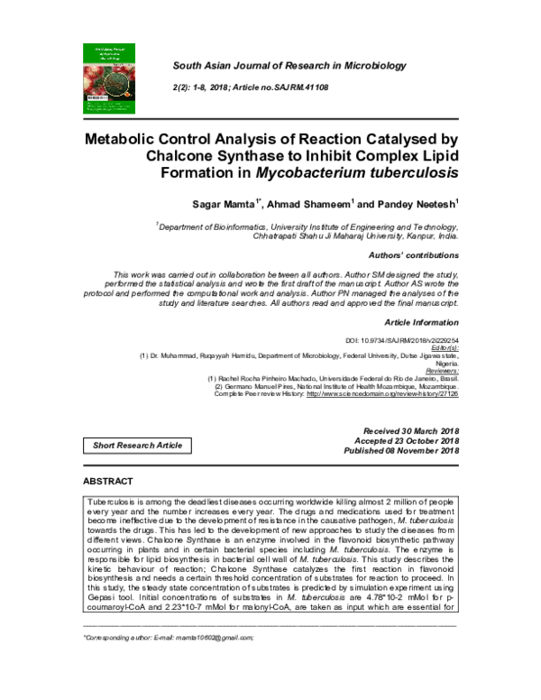 (PDF) Metabolic Control Analysis of Reaction Catalysed by Chalcone ...