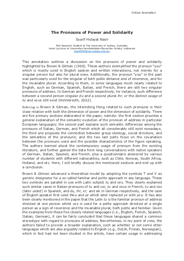 (PDF) The Pronouns of Power and Solidarity