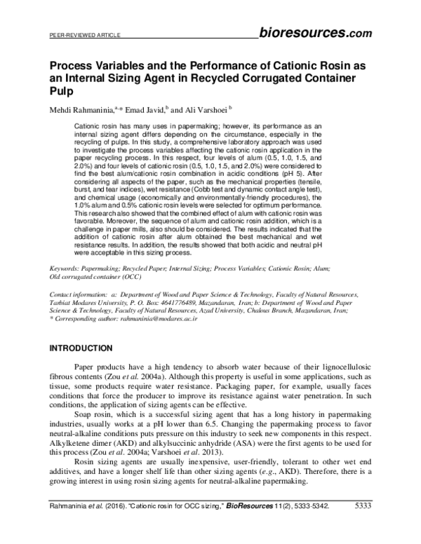 (PDF) Process Variables and the Performance of Cationic Rosin as an ...