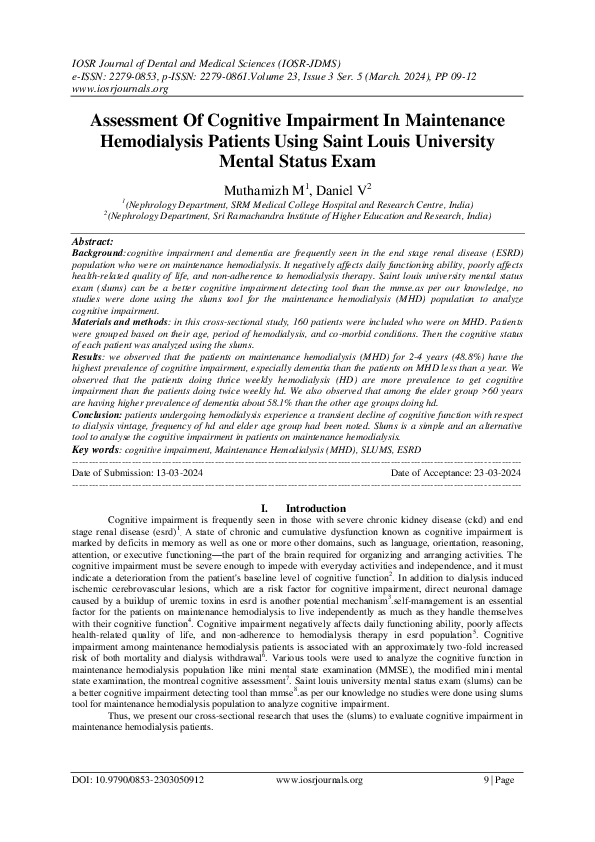 (PDF) Assessment Of Cognitive Impairment In Maintenance Hemodialysis ...