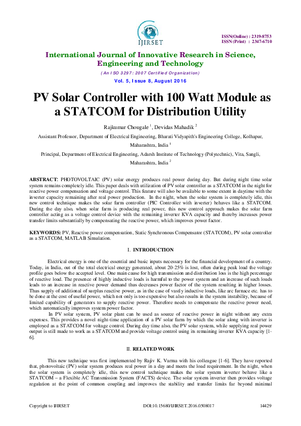 (PDF) PV Solar Controller with 100 Watt Module as a STATCOM for ...