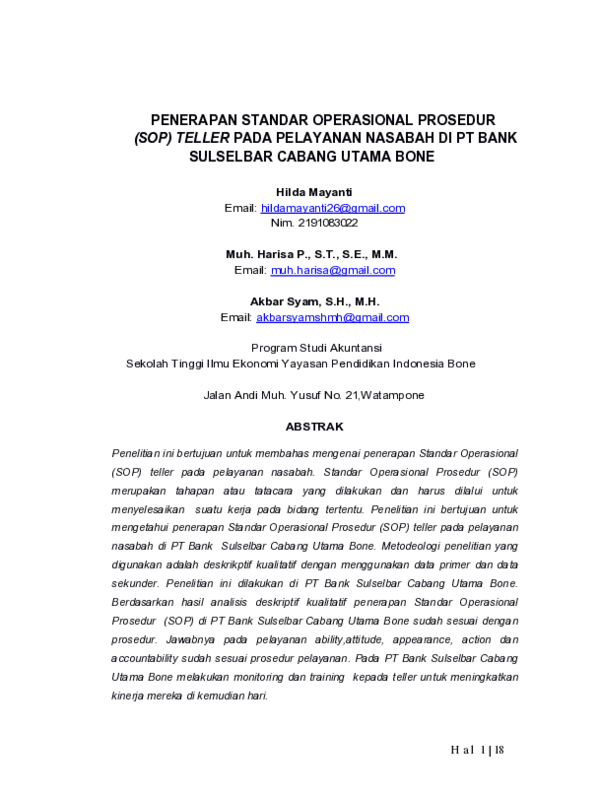 (PDF) PENERAPAN STANDAR OPERASIONAL PROSEDUR (SOP) TELLER PADA PELAYANAN NASABAH DI PT BANK ...