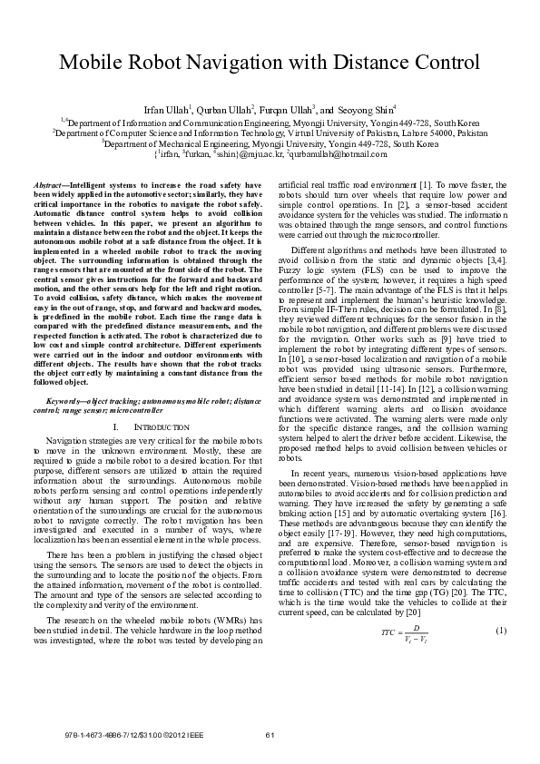 Pdf Mobile Robot Navigation With Distance Control Irfan Ullah