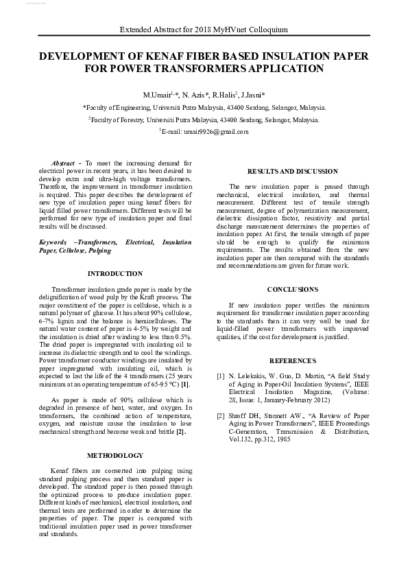 (PDF) DEVELOPMENT OF KENAF FIBER BASED INSULATION PAPER FOR POWER ...