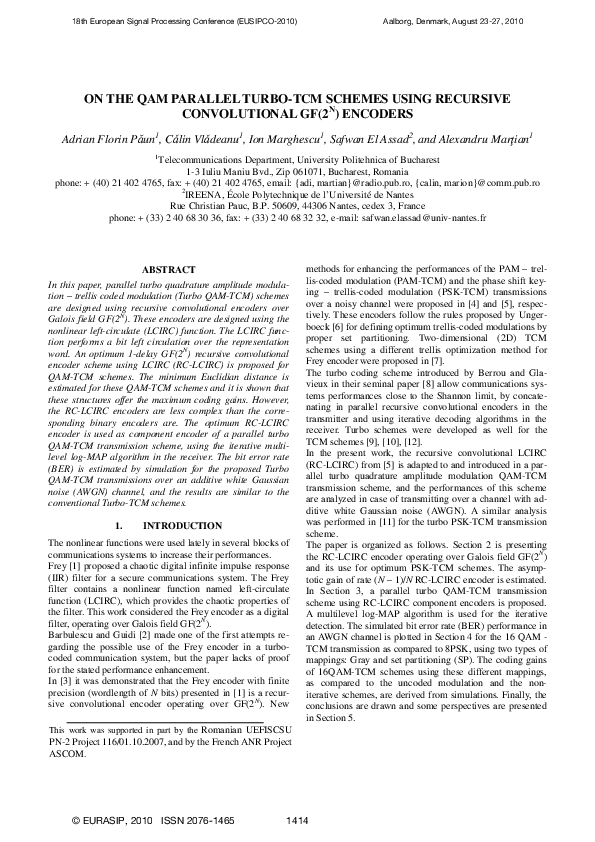 (PDF) On The Qam Parallel Turbo-Tcm Schemes Using Recursive Convolutional Gf(2^N) Encoders