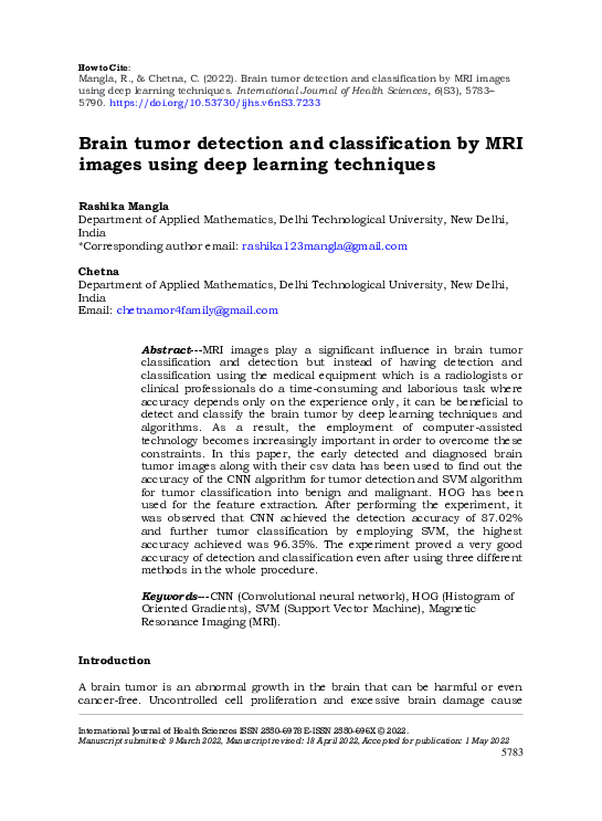 (PDF) Brain tumor detection and classification by MRI images using deep learning techniques