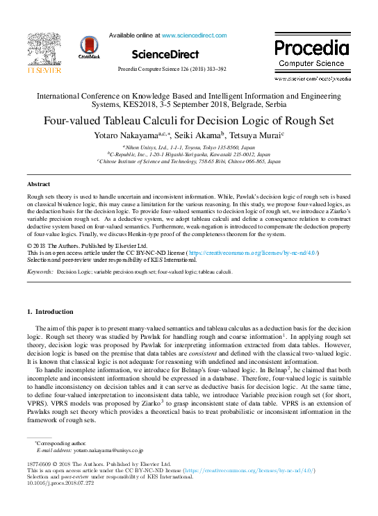 (PDF) Four-valued Tableau Calculi for Decision Logic of Rough Set