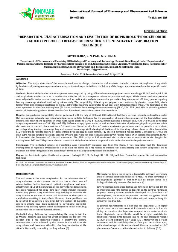 Pdf Preparation Characterisation And Evaluation Of Ropinirole Hydrochloride Loaded Controlled